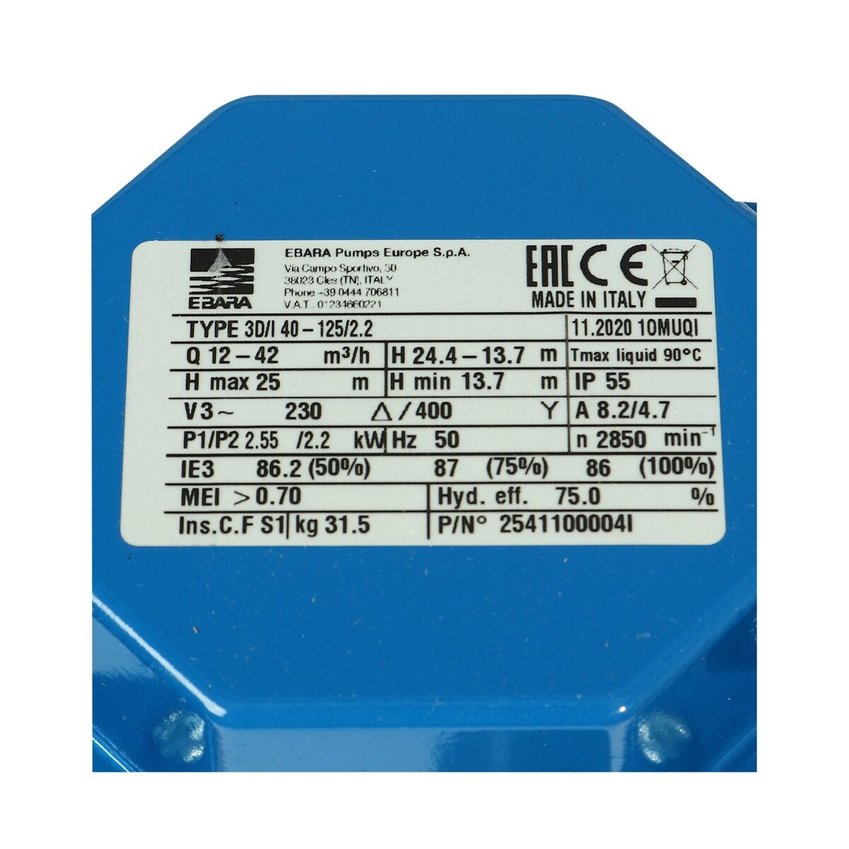 EBARA 3D 40-125/2.2 ปั้มหอยโข่ง (หน้าแปลน) 2.1/2 x 1.1/2 นิ้ว 3.0 แรงม้า 380 โวลต์ - HereTools