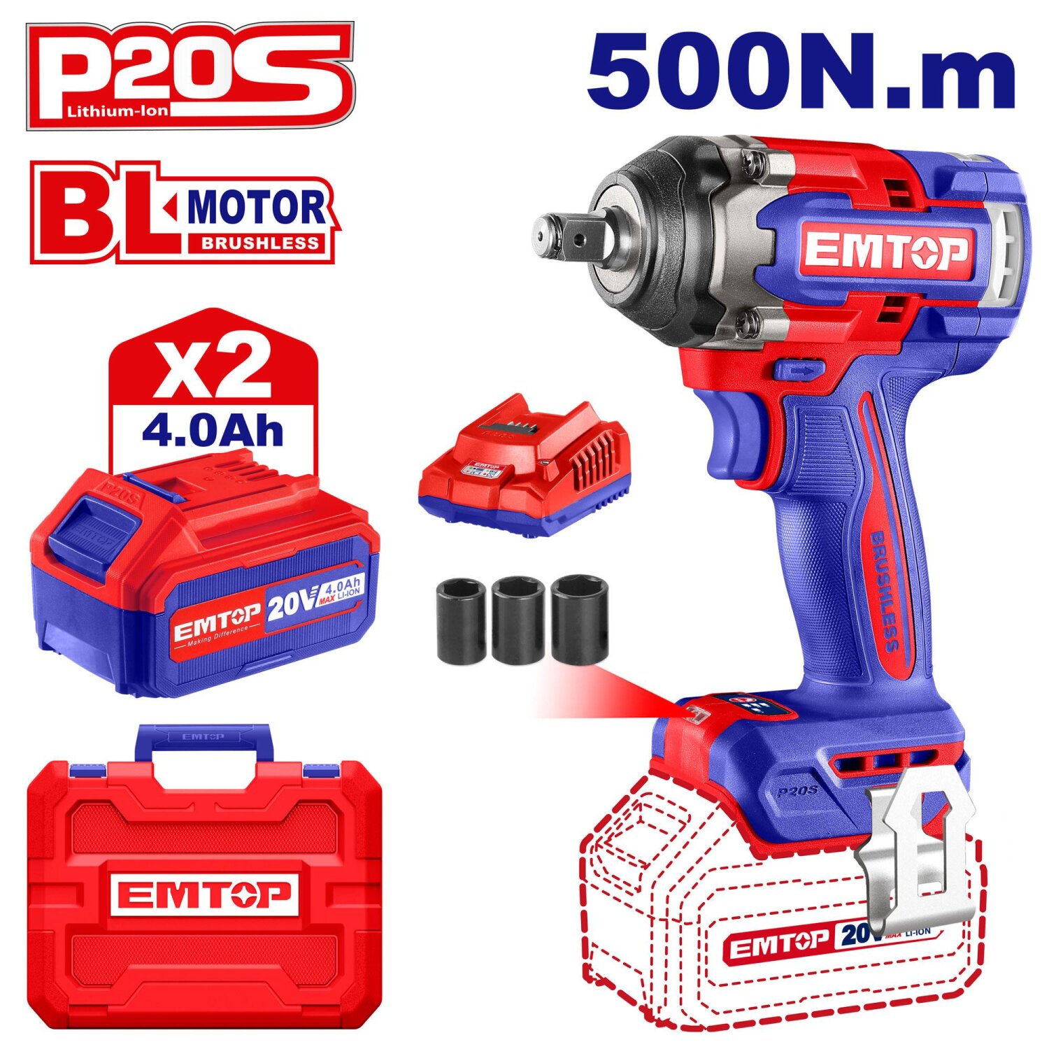 EMTOP ECIWL2050 บล็อคไร้สาย 20V 1/2 นิ้ว แรงบิด 500Nm.(แบต 4.0Ah x 2 + 1 แท่นชาร์จ | แถมลูกบล็อค ...