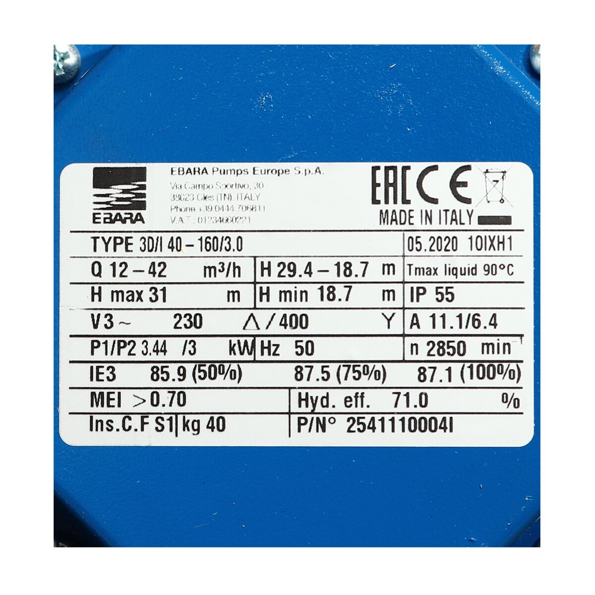 EBARA 3D 40-160/3.0 ปั้มหอยโข่ง (หน้าแปลน) 2.1/2 x 1.1/2 นิ้ว 4.0 แรงม้า 380 โวลต์ (ไม่รวมหน้า ...