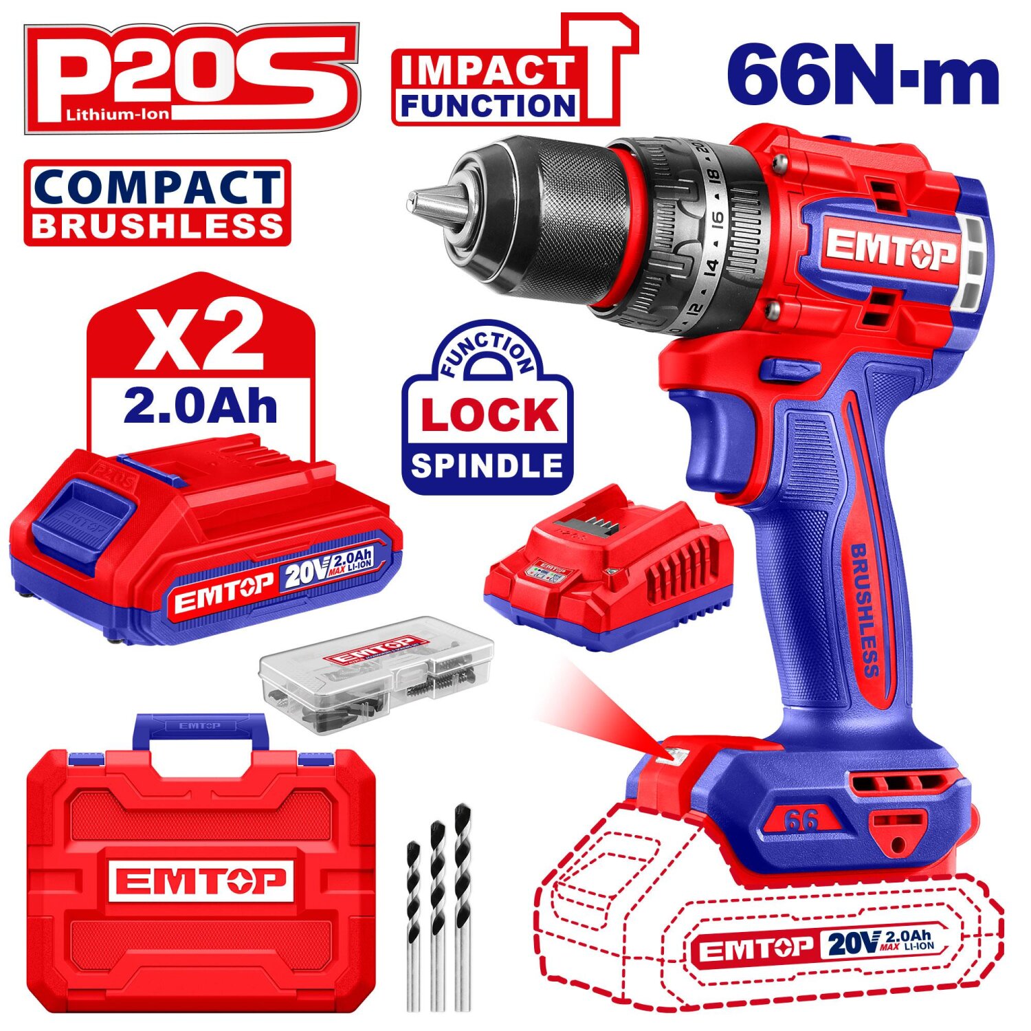 EMTOP ECIDL20668 สว่านกระแทกไร้สาย 20V แรงบิด 66 Nm.(แบต 2.0Ah x 2 + 1 แท่นชาร์จ | แถมชุดดอก ...