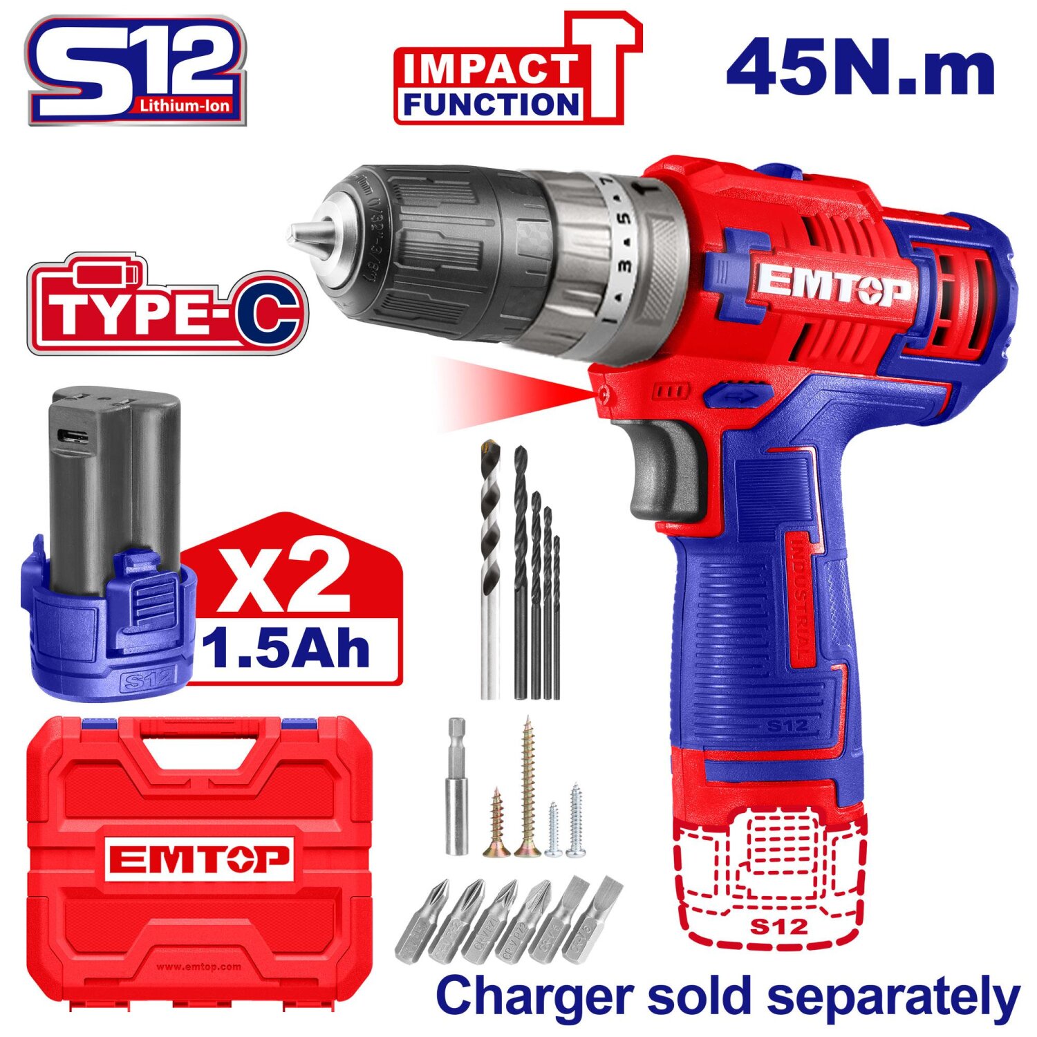 EMTOP ECIDL12620 สว่านกระแทกไร้สาย 12V แรงบิด 45 Nm.(แบต 2.0Ah x 2 รูชาร์จ Type-C | แถมชุดดอกไข ...