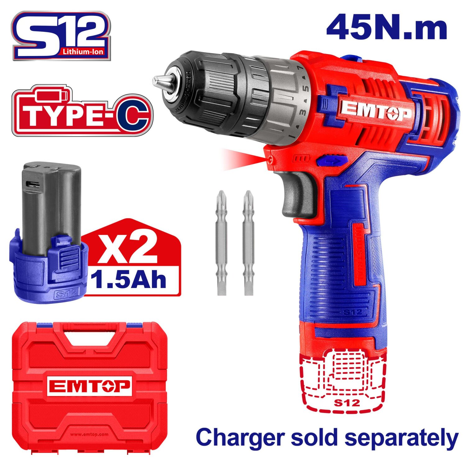 EMTOP ECDL12620 สว่านไร้สาย 12V แรงบิด 45 Nm.(แบต 2.0Ah x 2 รูชาร์จ ...