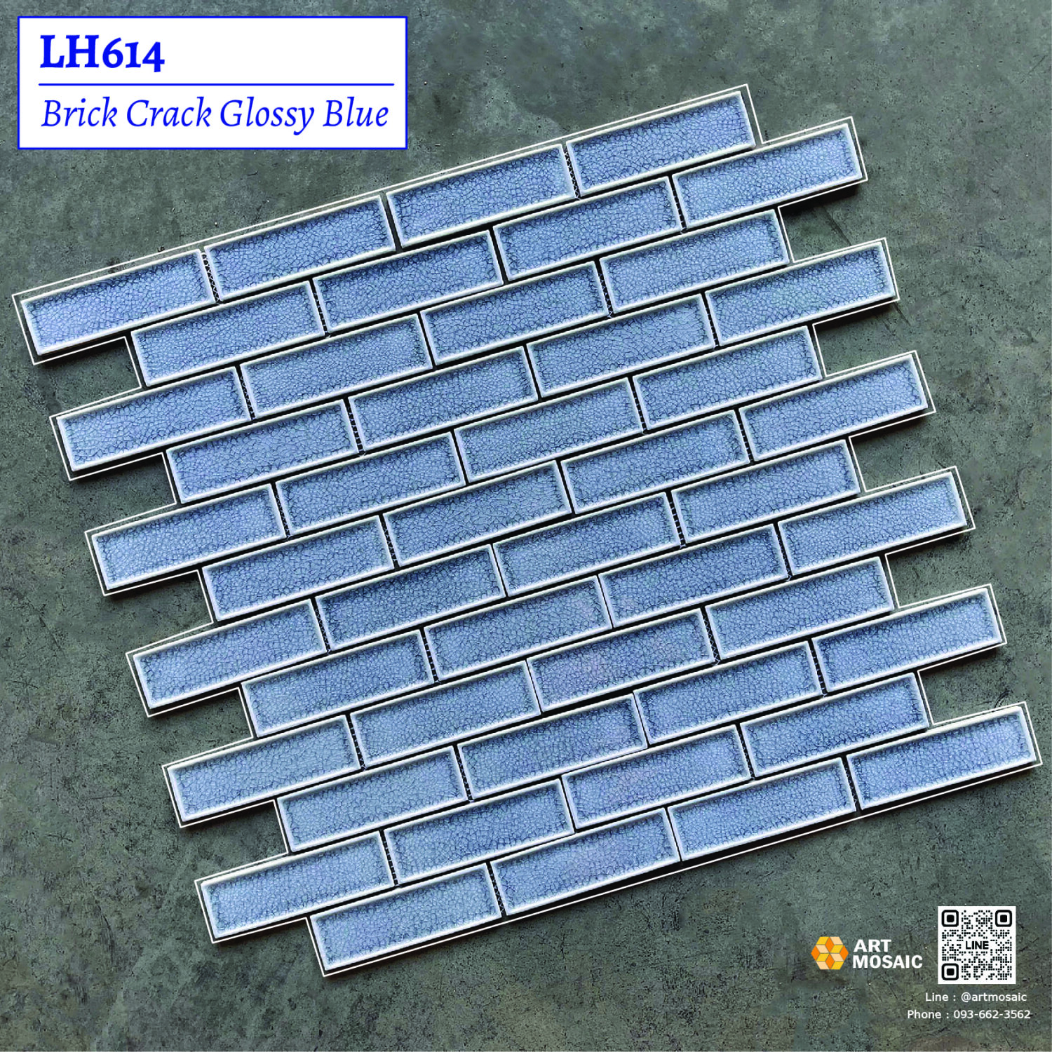 LH614 Porcelain Mosaic Tile รุ่น Brick สี Crack Glossy Blue เคลือบเงา ...
