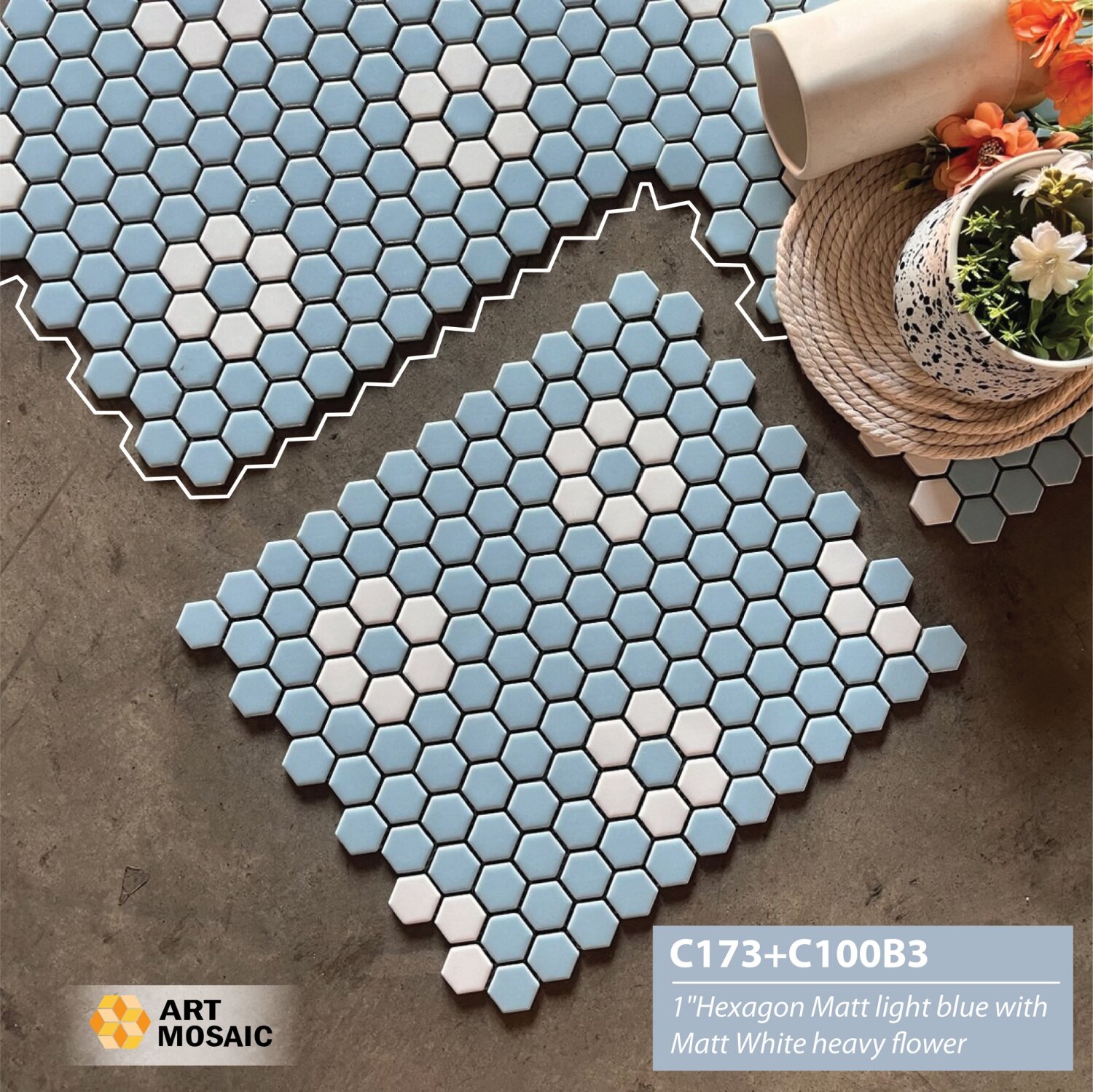 C173+C100B3 Porcelain Mosaic Tile รุ่น Mini Hexagon สี Matt Light Blue ...