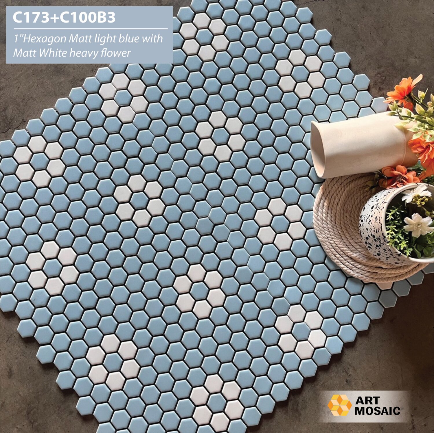 C173+C100B3 Porcelain Mosaic Tile รุ่น Mini Hexagon สี Matt Light Blue ...