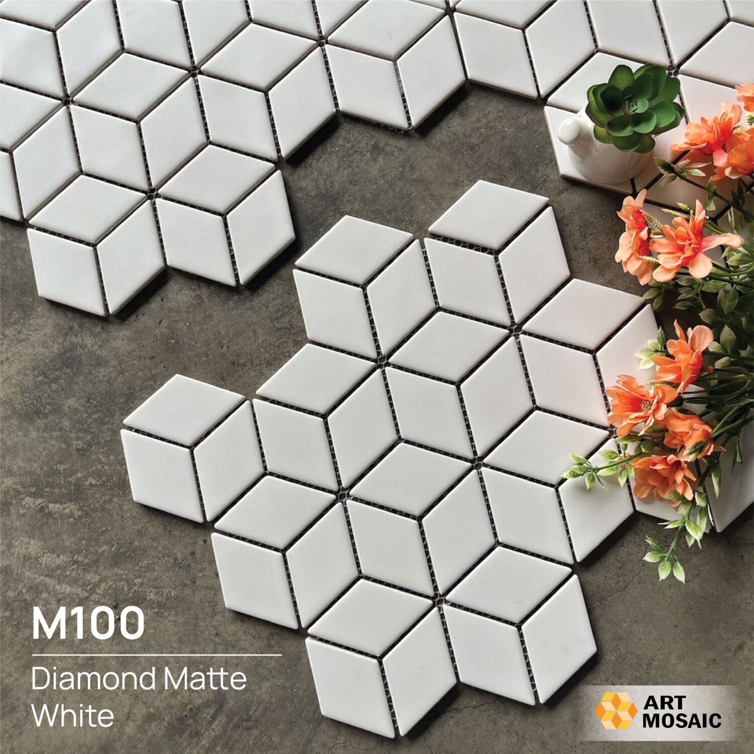 M100 Porcelain Mosaic Tile รุ่น Diamond Matt White เคลือบด้าน (Price ...