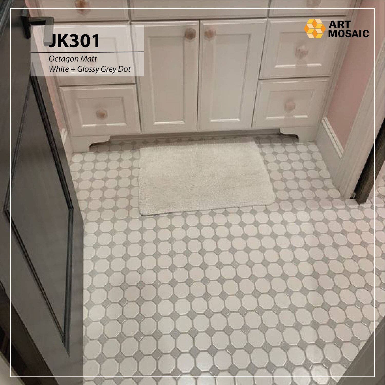 JK301 Porcelain Mosaic Tileรุ่น Octagon สี Matt White + Glossy Grey Dot ...