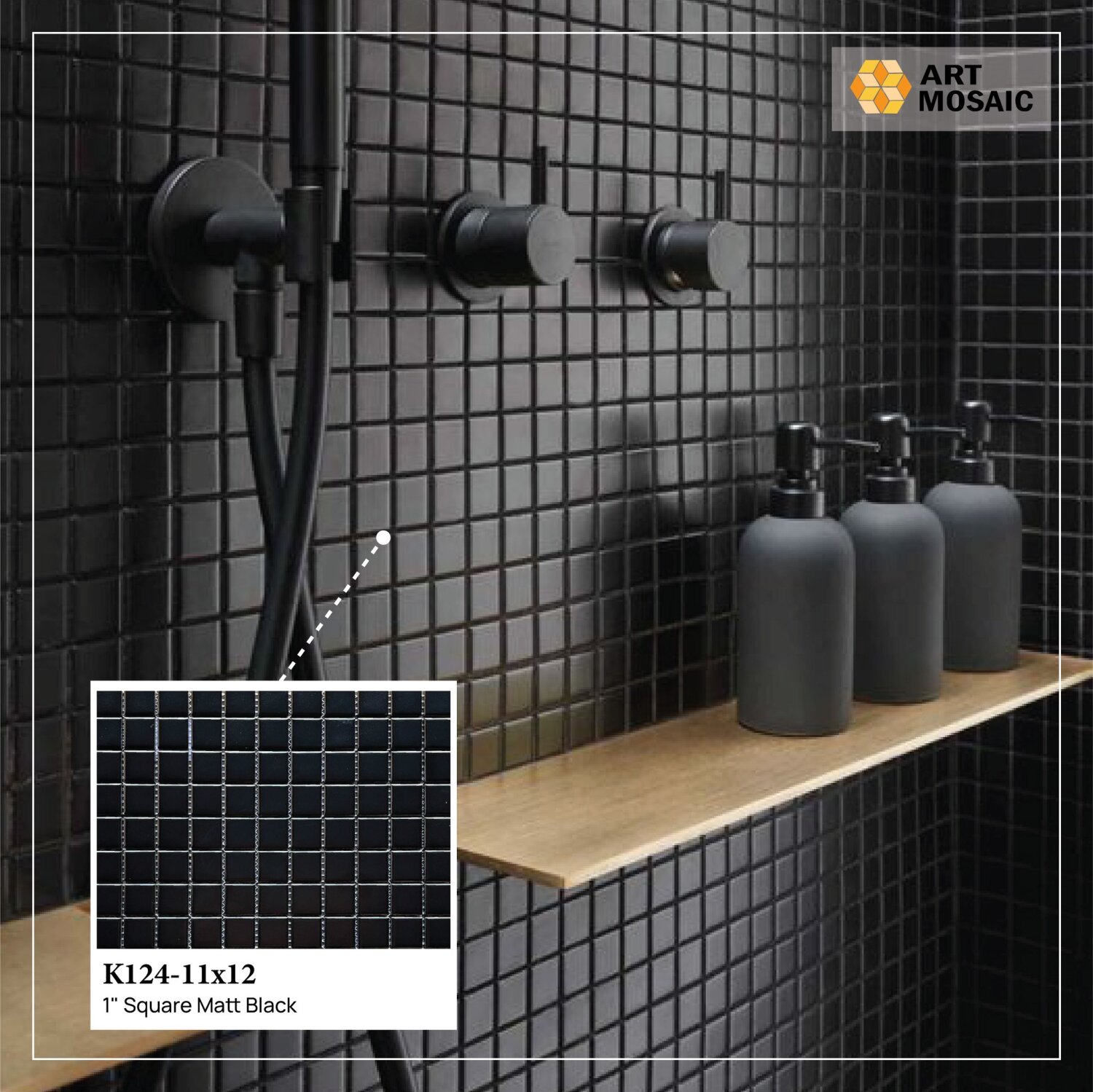 K124-11x12 Porcelain Mosaic Tile รุ่น 1"Square สี Matt Black เคลือบด้าน (Price per 1 sheet ...