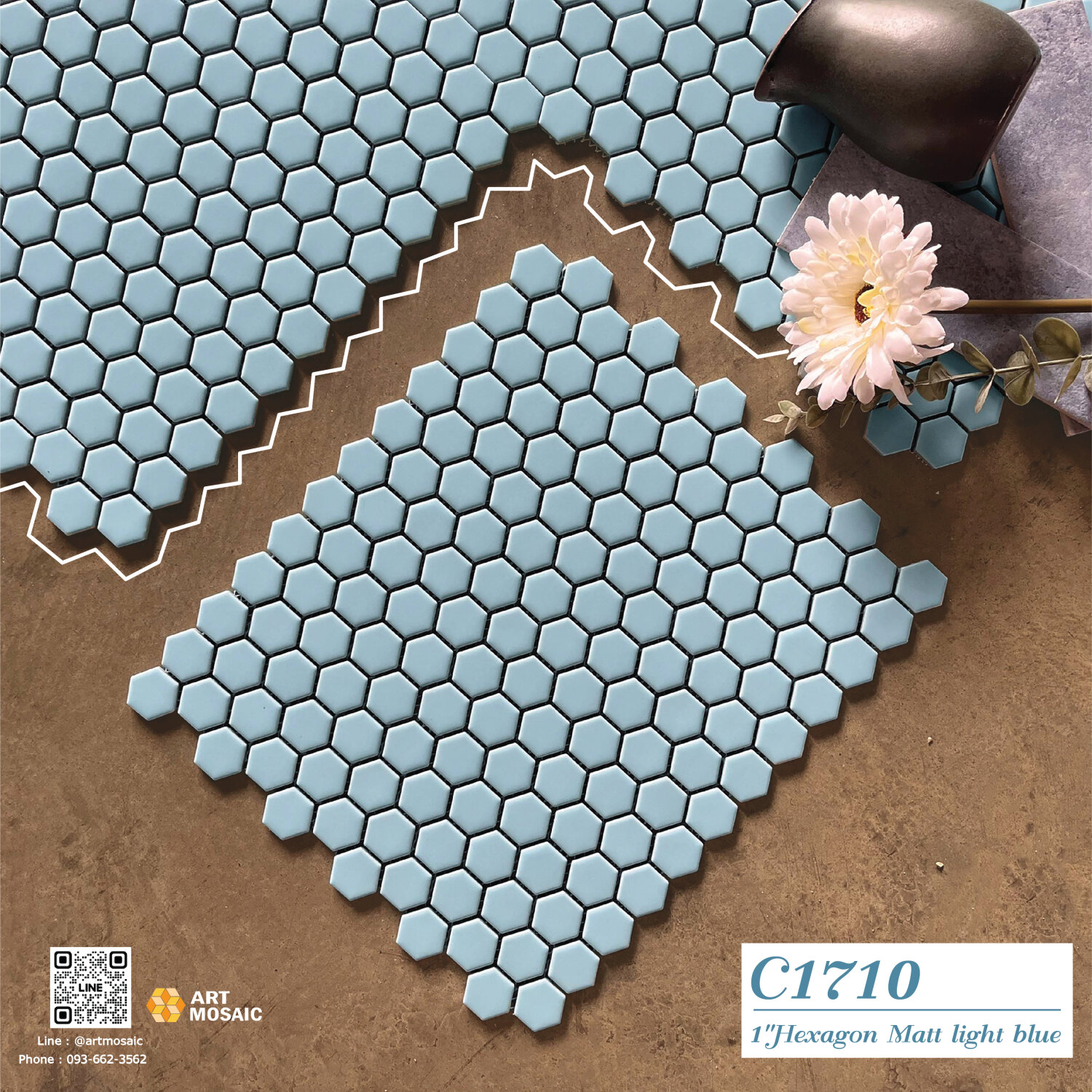 C1710 Porcelain Mosaic Tile รุ่น Mini Hexagon สี Matt Light Blue (Price ...