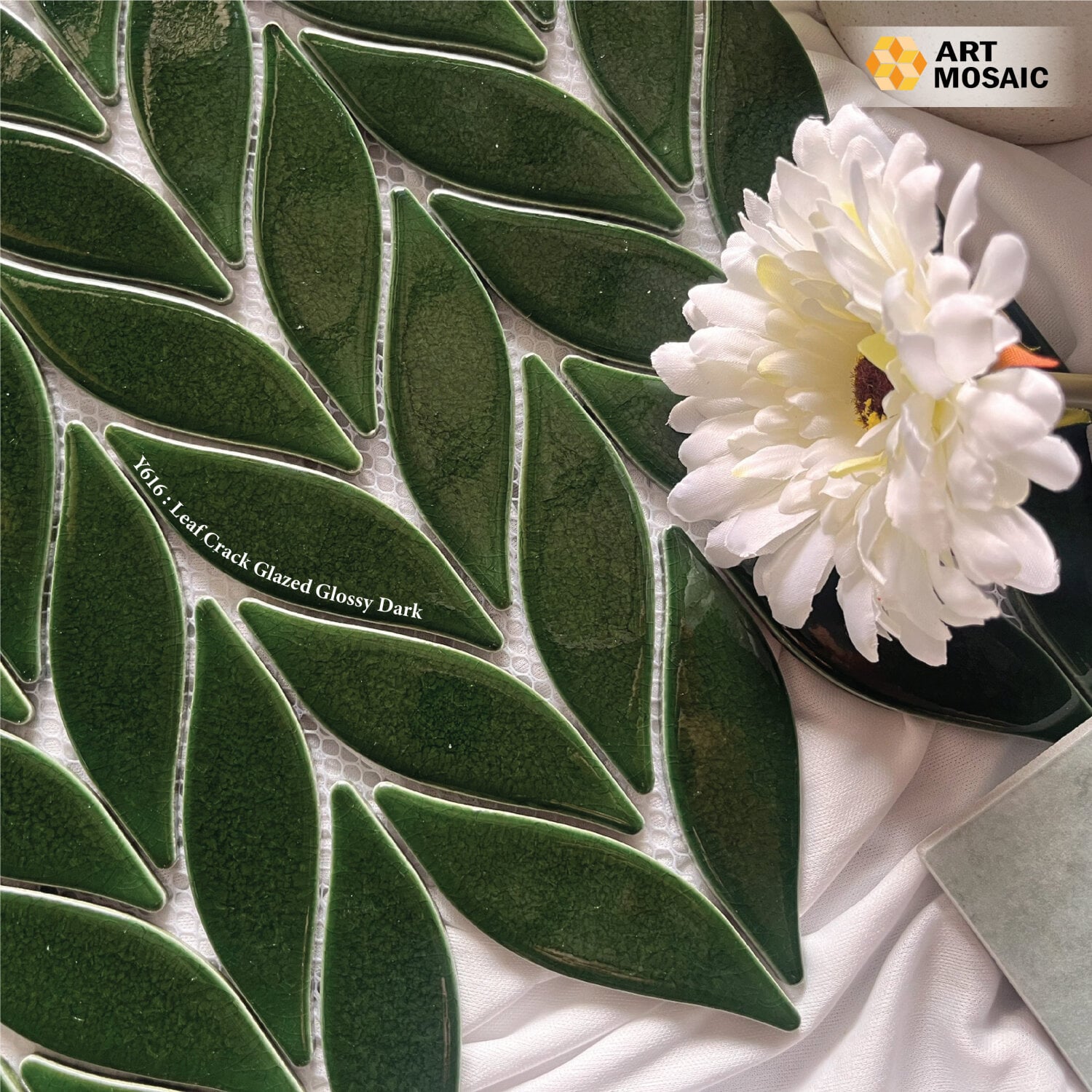Y616 Porcelain Mosaic Tile รุ่น Leaf Crack Glazed Glossy Dark green เคลือบเงา (Price per 1 sheet ...