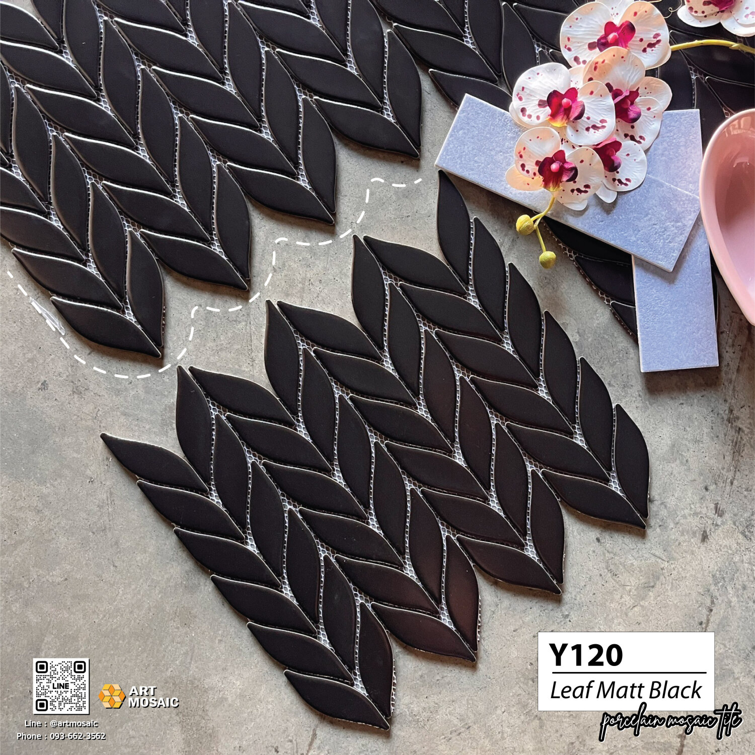 Y120 Porcelain Mosaic Tile รุ่น Leaf Matt Black เคลือบด้าน - ART MOSAIC ...