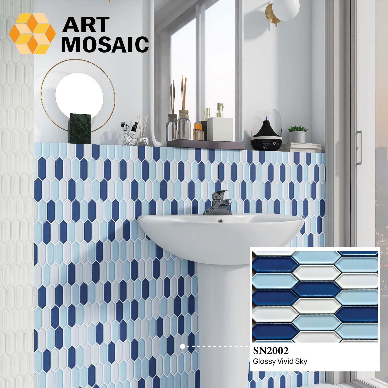 SN2002 กระเบื้องพอร์ซเลนโมเสค รุ่น Small Picket - Glossy Vivid Sky เคลือบเงา (Price per 1 sheet ...