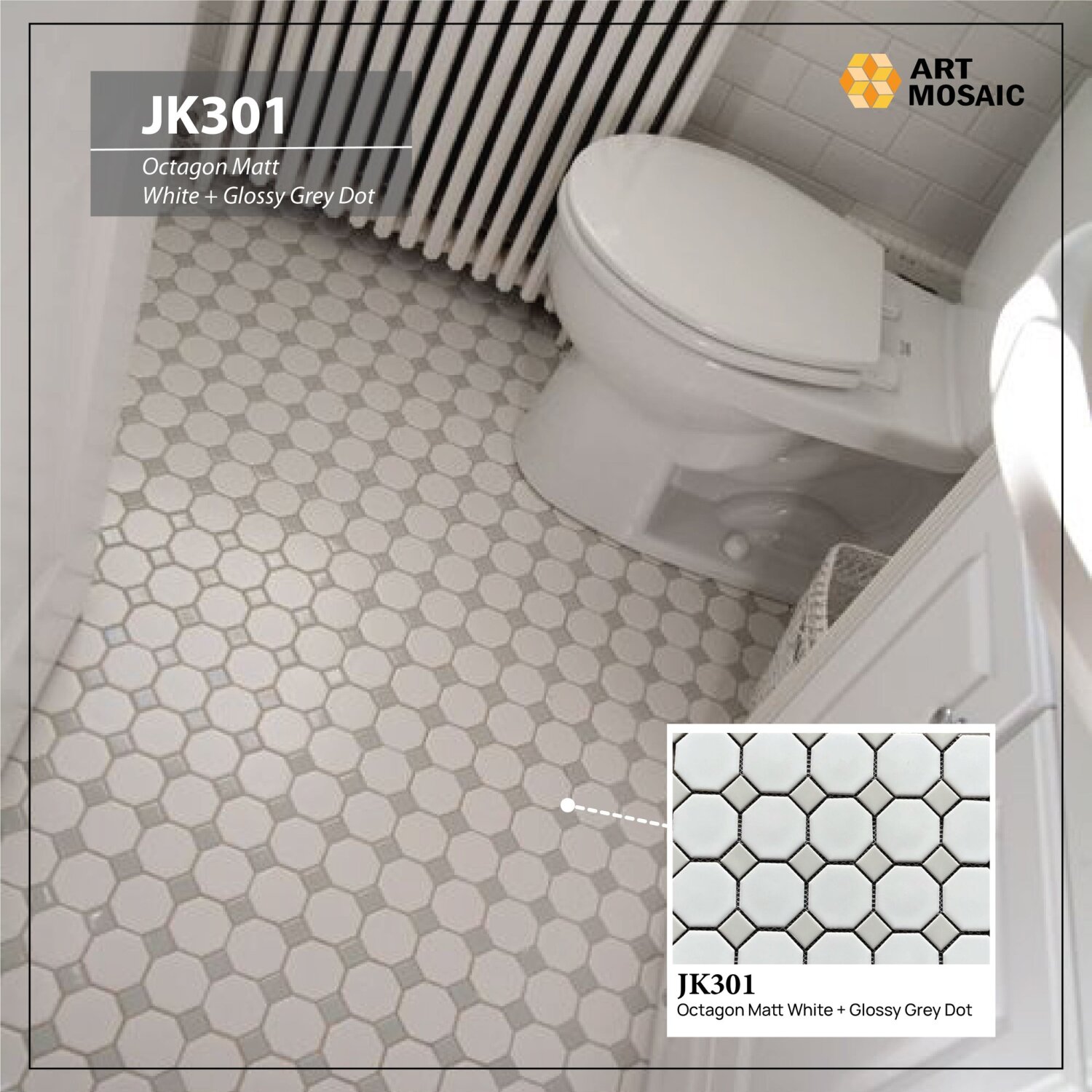 JK301 Porcelain Mosaic Tileรุ่น Octagon สี Matt White + Glossy Grey Dot ...
