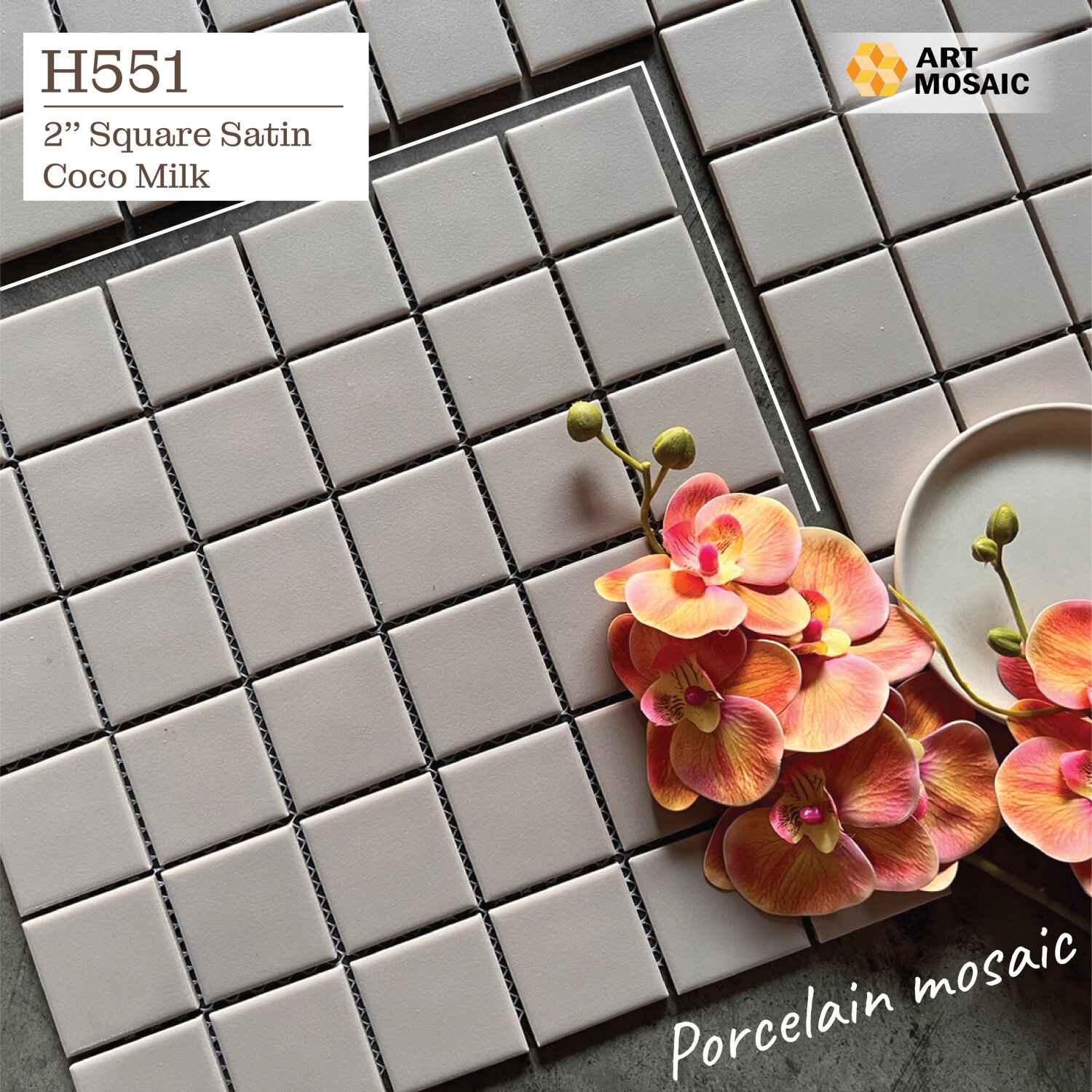 H551 กระเบื้องพอร์ซเลนโมเสค รุ่น 2"Square - Satin Coco Milk เคลือบซาติน ...