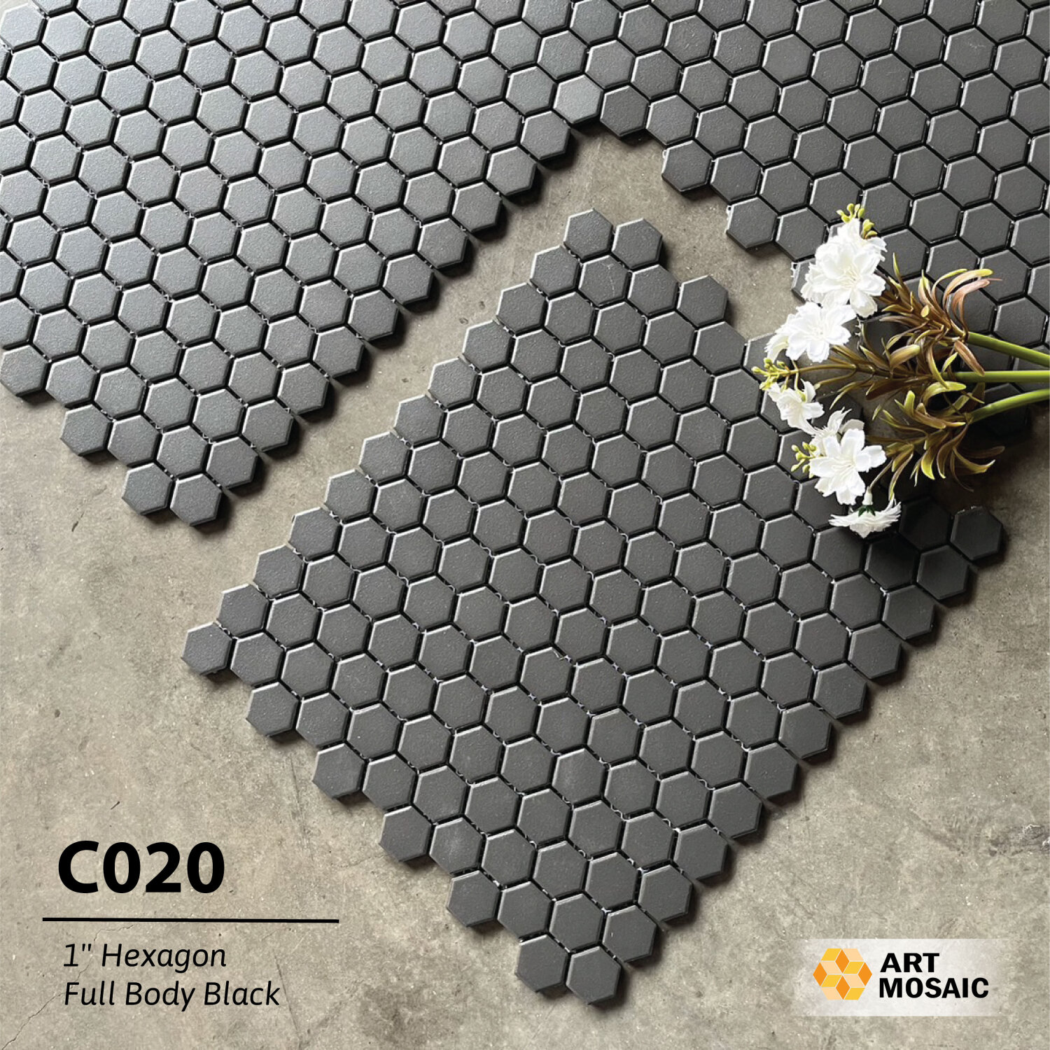 C020 Porcelain Mosaic Tile รุ่น Mini Hexagon สี Full Body Black กันลื่น ...