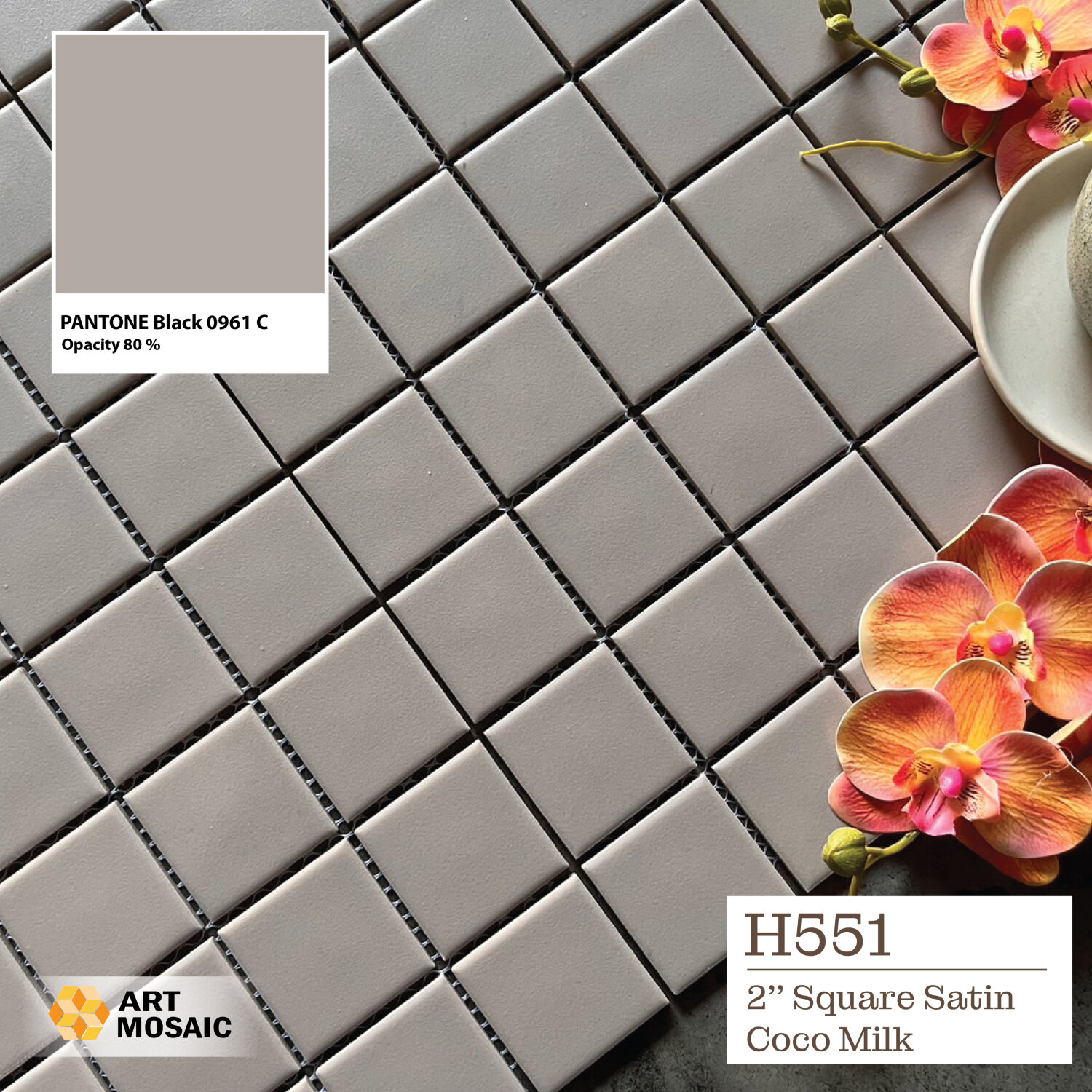 H551 กระเบื้องพอร์ซเลนโมเสค รุ่น 2"Square - Satin Coco Milk เคลือบซาติน ...
