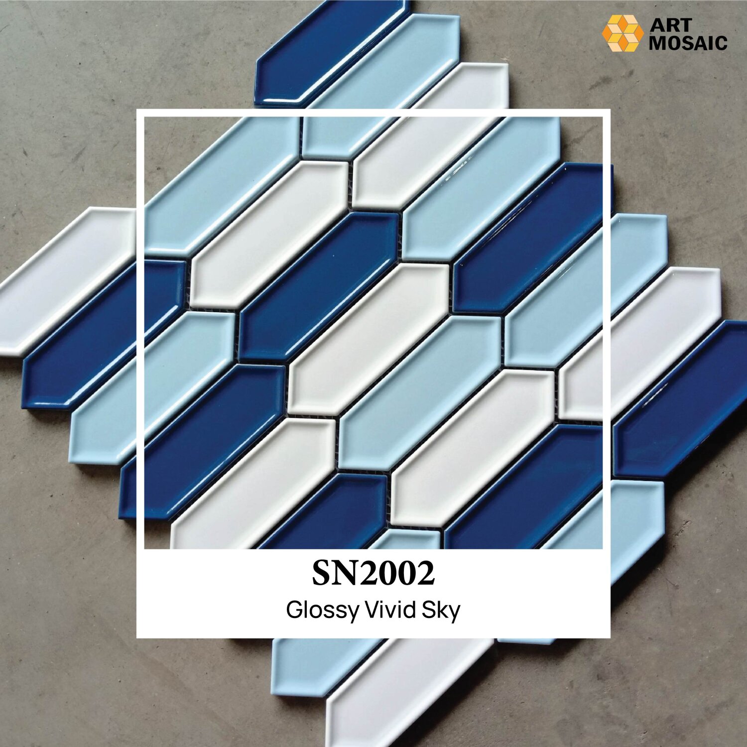 SN2002 กระเบื้องพอร์ซเลนโมเสค รุ่น Small Picket - Glossy Vivid Sky เคลือบเงา (Price per 1 sheet ...