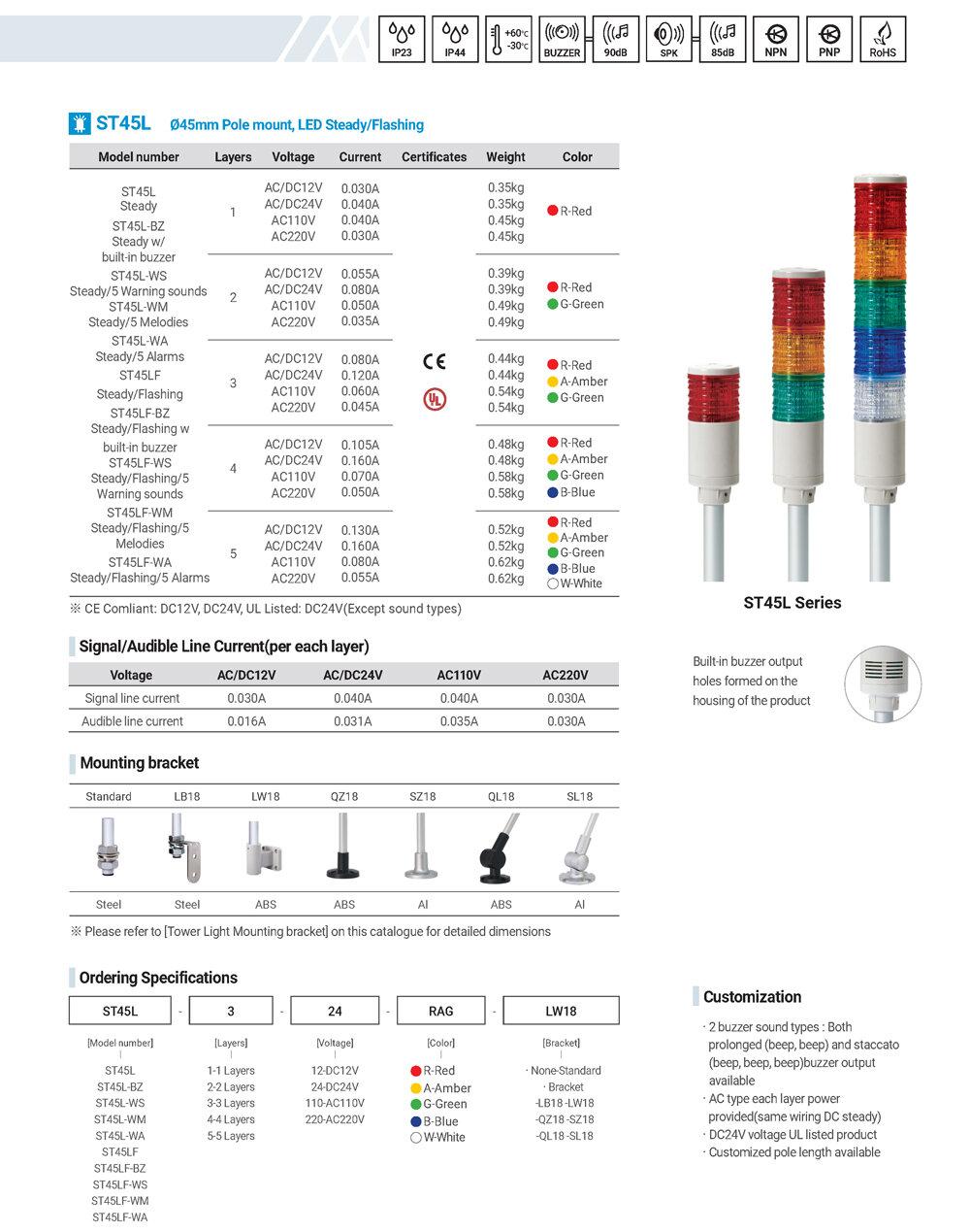 [ST45L-BZ] Ø45mm Pole Mount Type LED Steady Tower Lights with Buzzer - Qlight Thailand