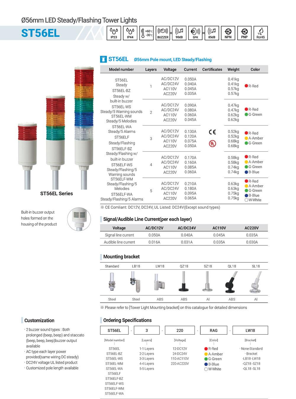 [ST56ELF-BZ] Ø56mm Pole Mount Type LED Steady/Flashing Tower Lights with Buzzer - Qlight Thailand