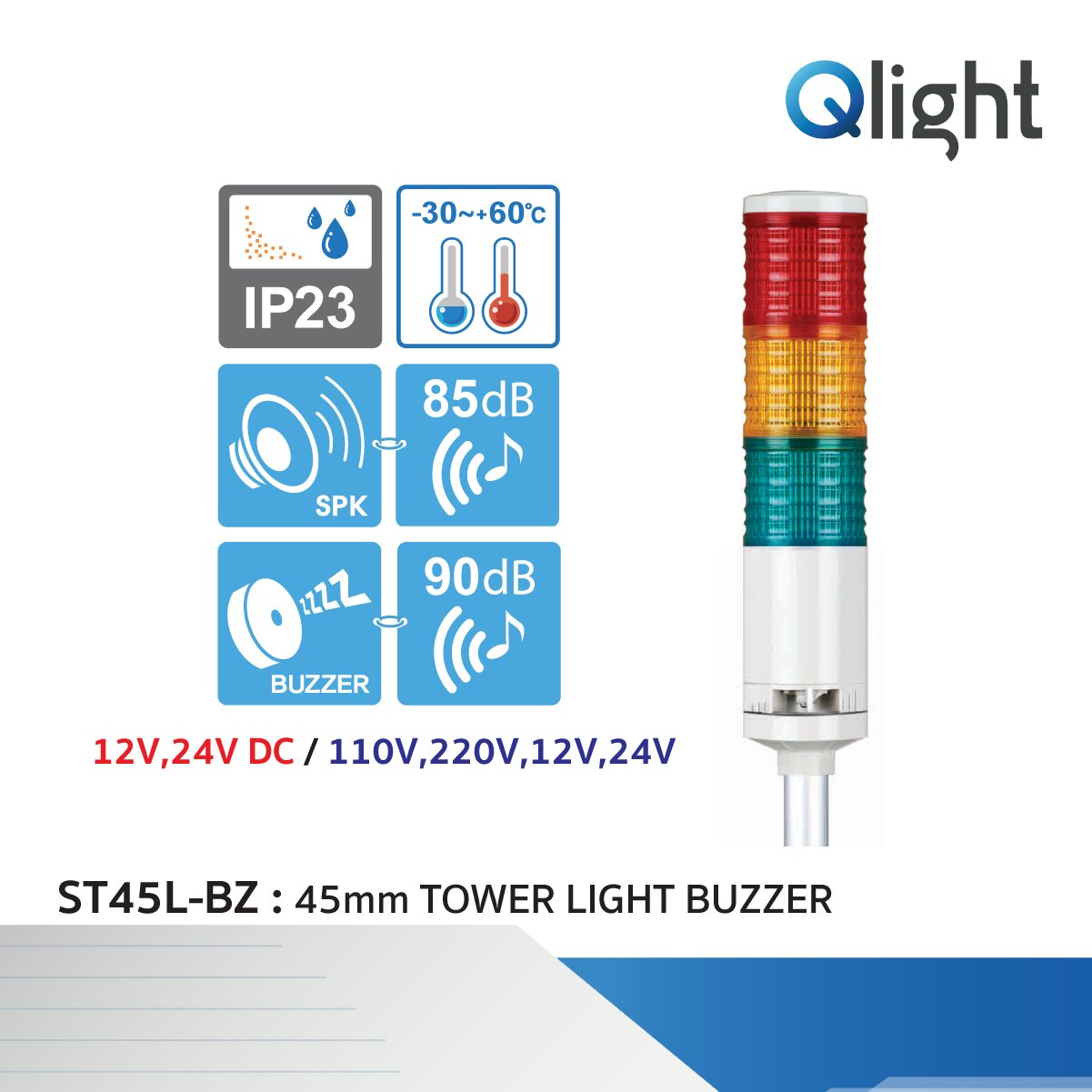 [ST45L-BZ] Ø45mm Pole Mount Type LED Steady Tower Lights with Buzzer - Qlight Thailand