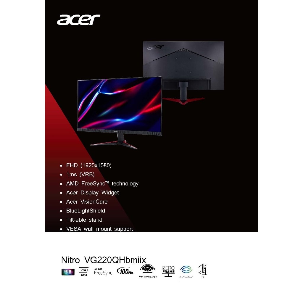 ACER Monitor รุ่น VG220QHbmiix VA 21.5" (1080p,1ms,HDMI,VGA,SPK) 100Hz ...