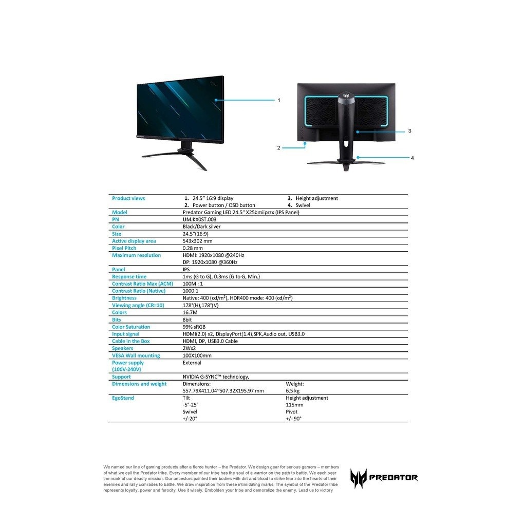 ACER Monitor Predator X25bmiiprzx 24.5″ IPS (FHD,DP,HDMI,SPK) 360Hz ...