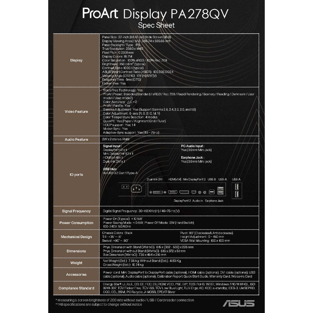 ASUS ProArt Display PA278QV 2K (27-inch,IPS, DP, MiniDP, HDMI,DVI, ΔE