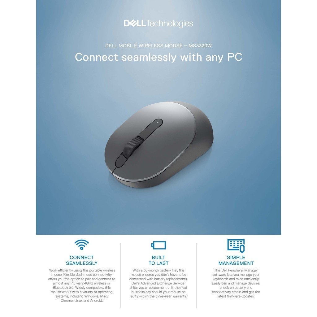 Dell Mobile Wireless Mouse MS3320W (Multi-mode Wireless + BT 5.0) Black ...