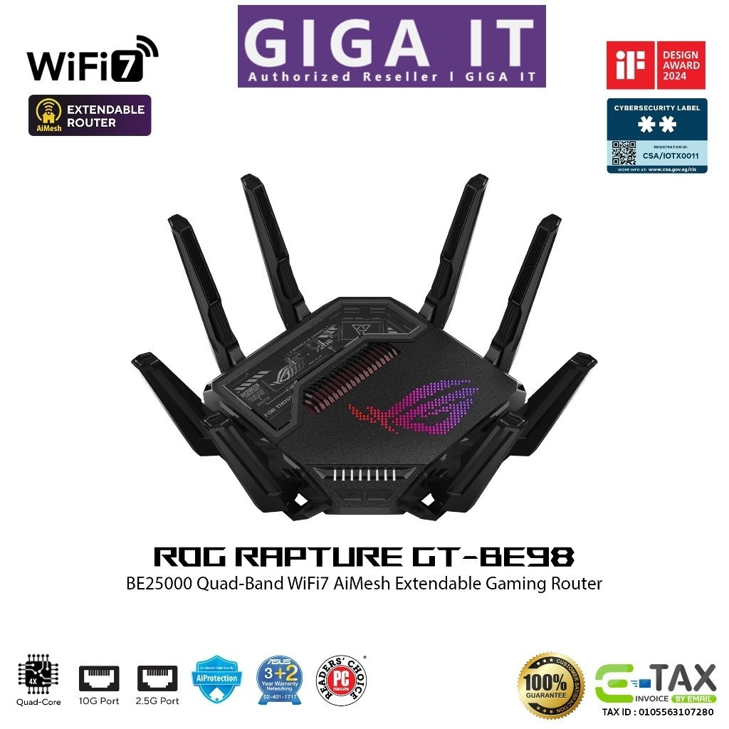 ASUS ROG Rapture GT-BE98 Quad-band WiFi7 AiMesh Extendable Gaming Router, Dual 10G Ports, VPNs ...