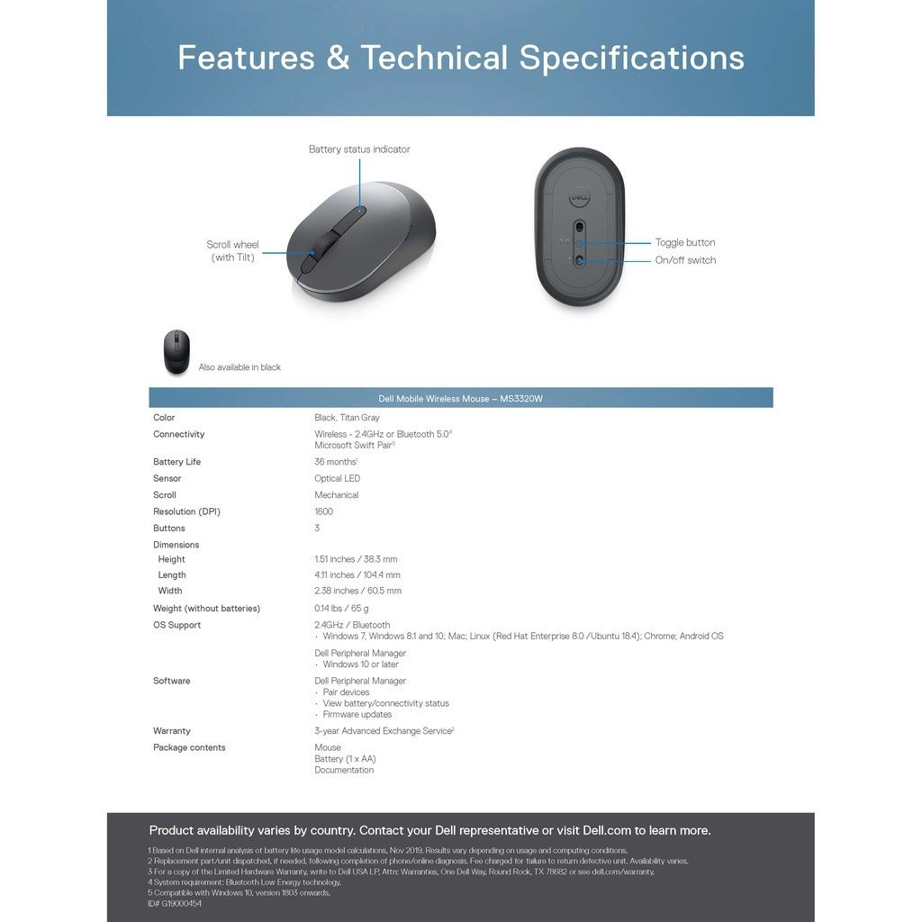 Dell Mobile Wireless Mouse MS3320W (Multi-mode Wireless + BT 5.0) Black ...