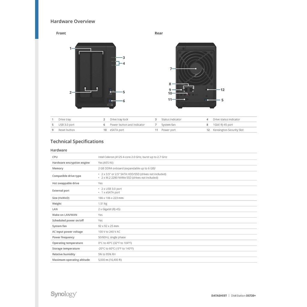 Synology NAS DiskStation DS720 HDD 2 Bay W Exp 7 Drive 2 M 2