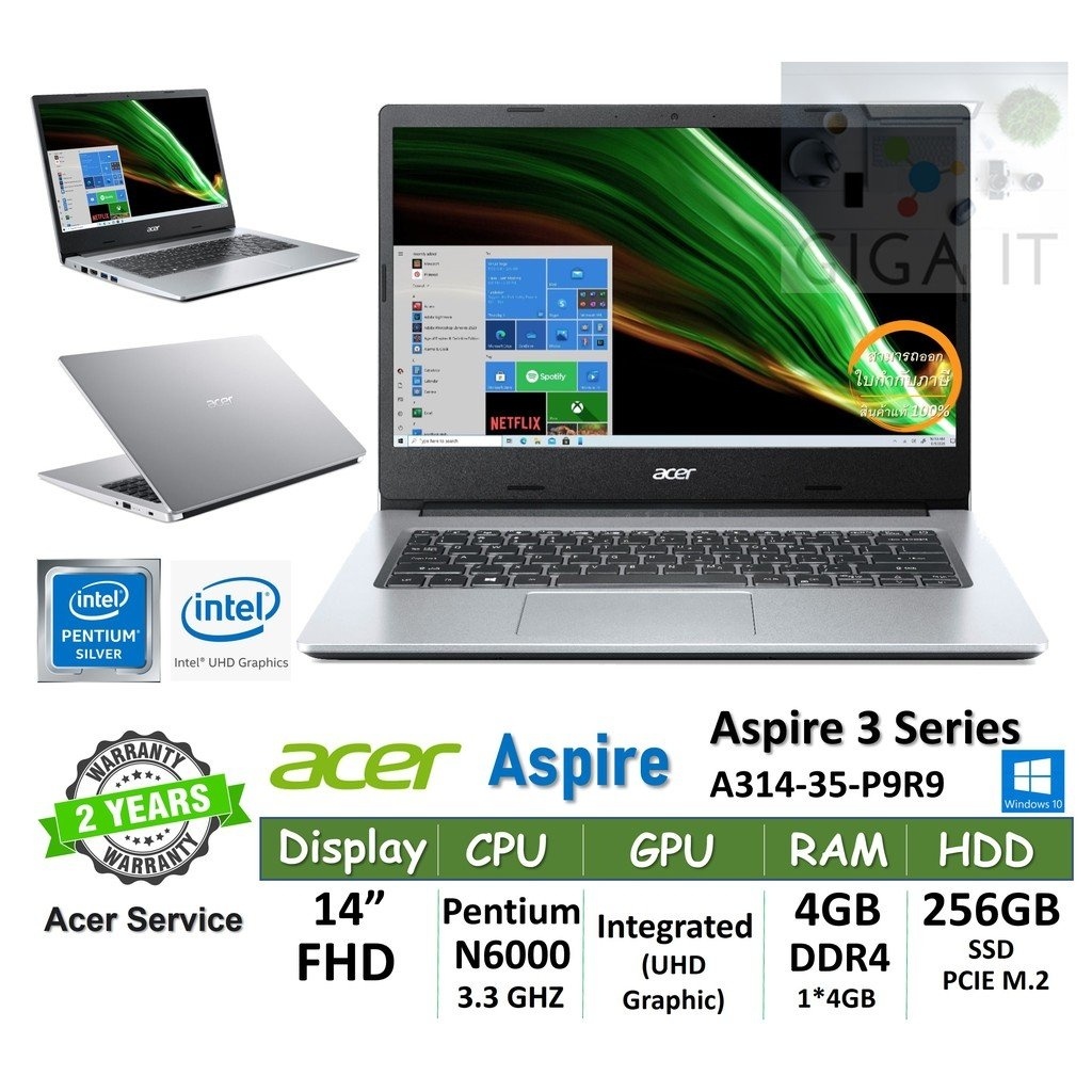 Acer Notebook Aspire 3_A314-35-P9R9_Silver (14" HD, Pentium N6000, 4G, 256GB PCle M.2, Win10 ...