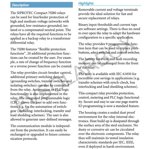 SIPROTEC Compact 7SJ80 Multifunction Protection Relay - Ev Solar Box